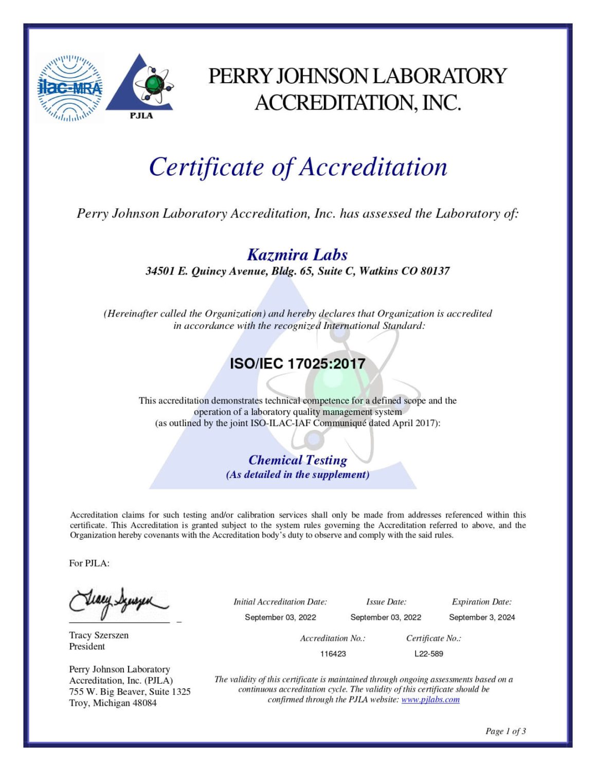 ISO 17025 Lab Accreditation - Kazmira LLC - The Cannabinoid Company
